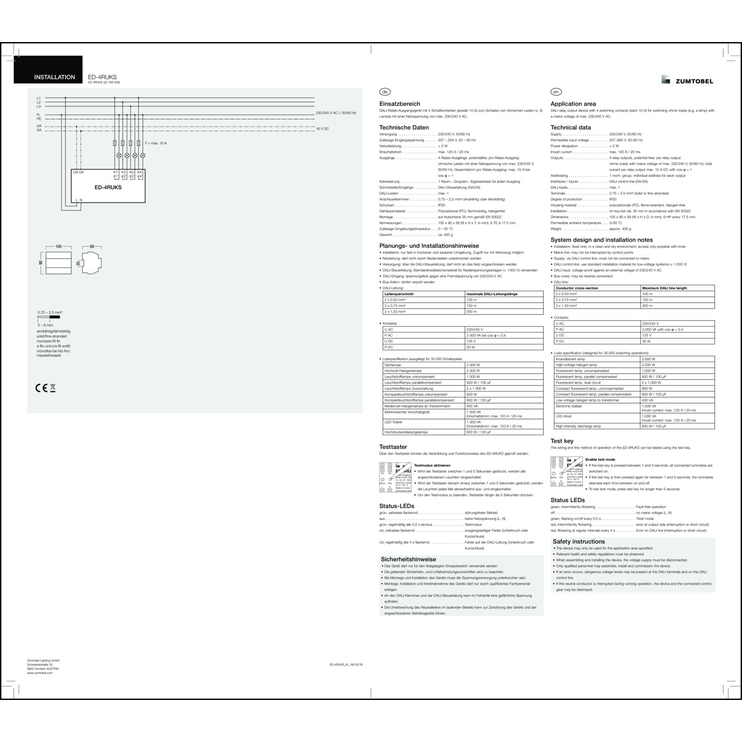 22169939 Zumtobel ED 4RUKS Relais Ausgang (DALI) Schaltschrank - Bussystem-Mehrfach Bediengerät