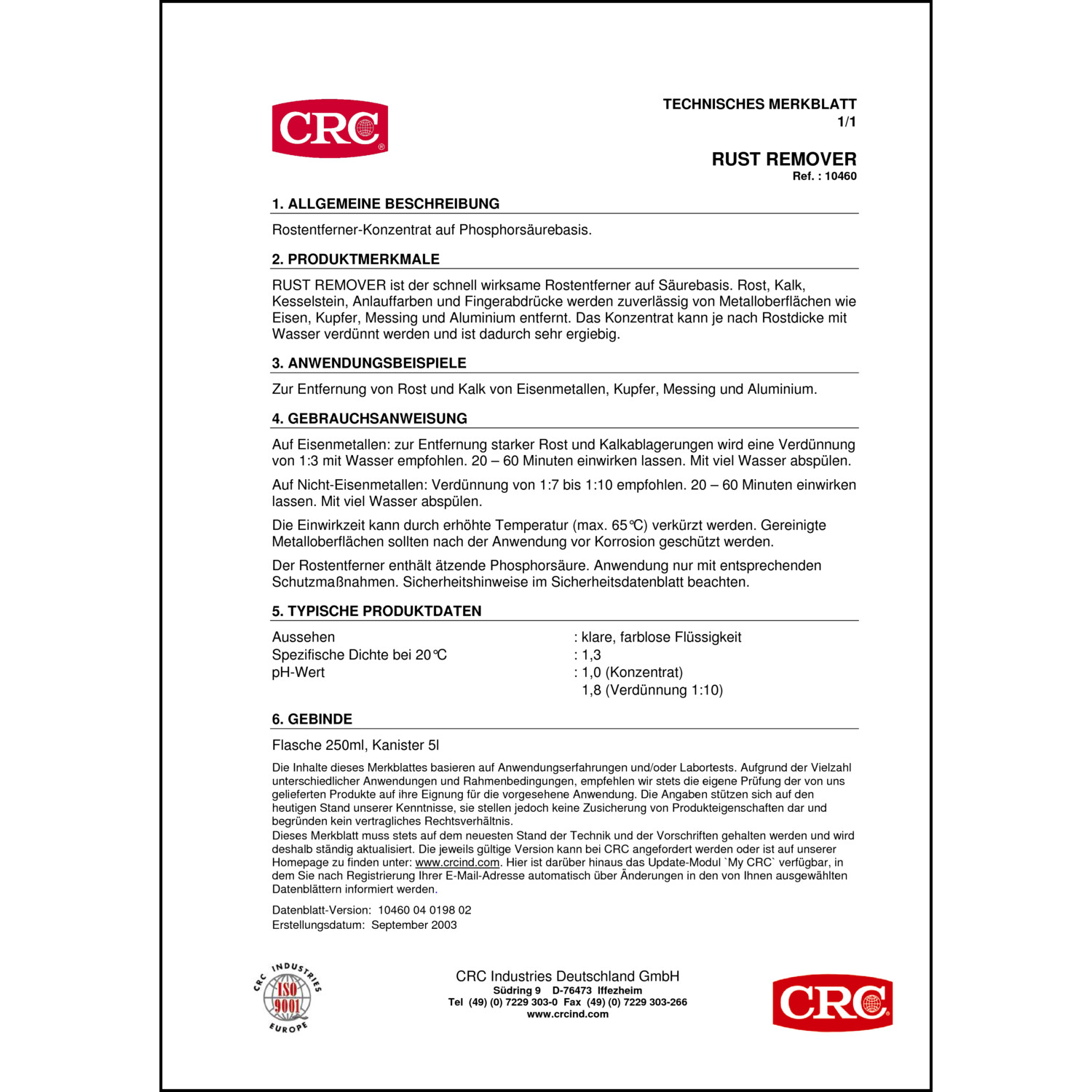 30610-AC CRC RUST REMOVER Rostentferner 250ml Flasche - Alle Artikel