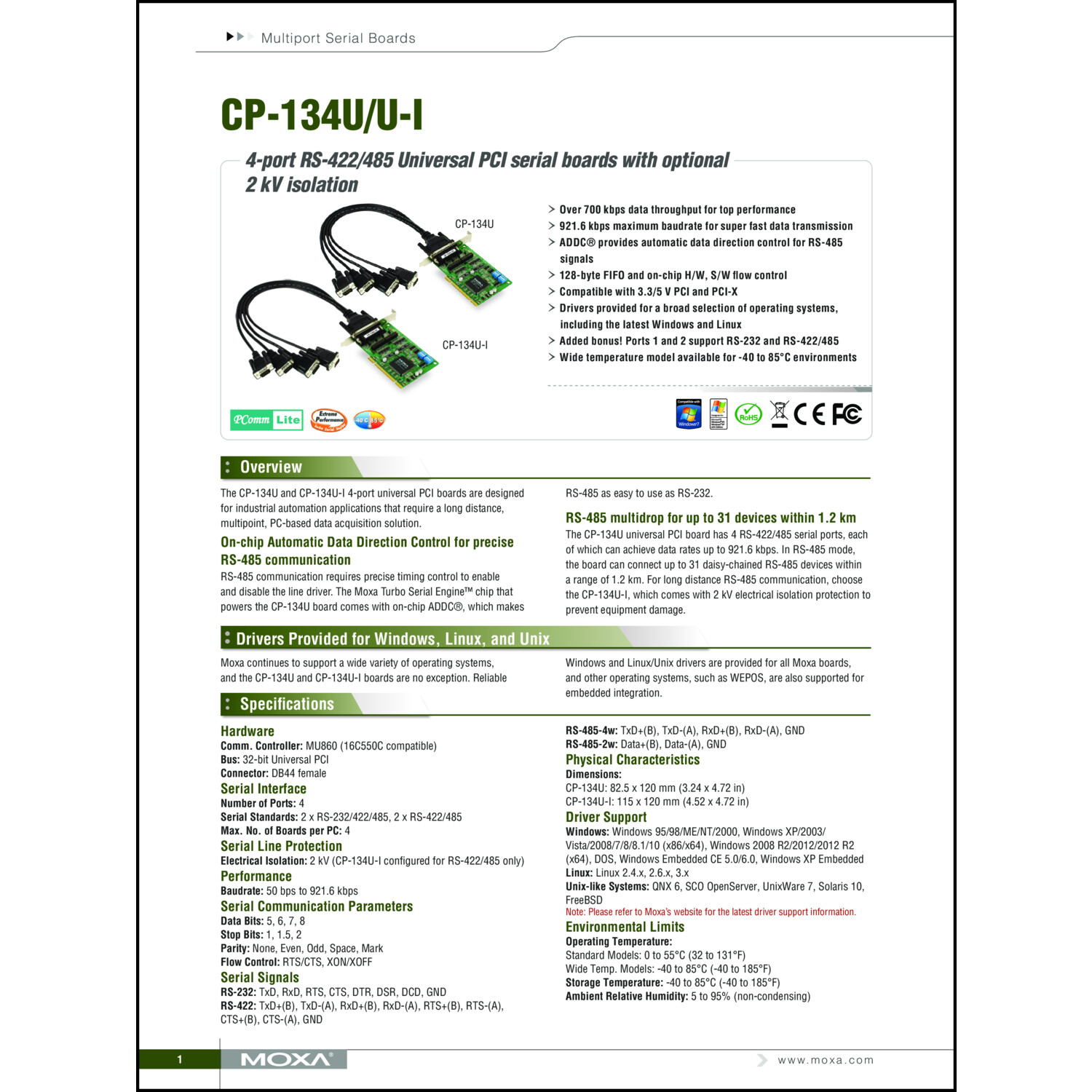 CP-134U-I-DB25M Moxa 4 Port UPCI Board, w/ DB25M Cable, RS 422/485, w/ Isolation - Alle Artikel