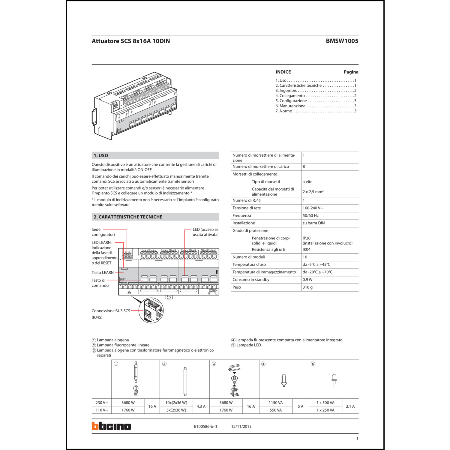 BMSW1005 Bticino SCS REG Aktor 8x16 A - Bussystem-Schaltaktor